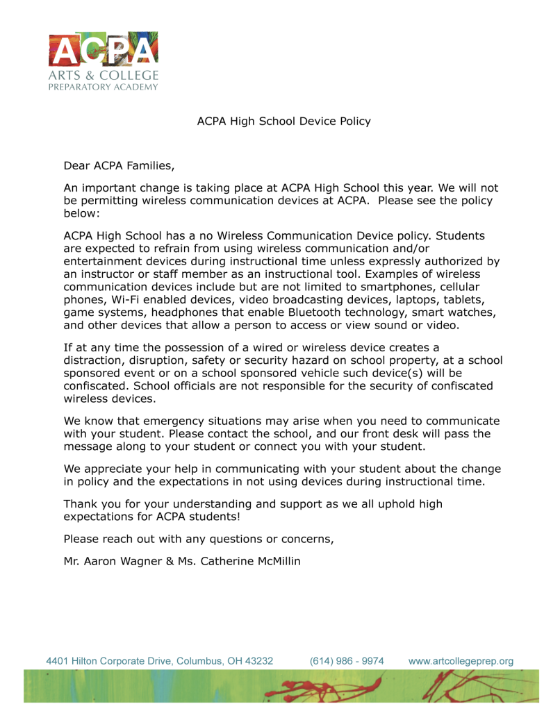 High School Update: Device Policy 2024-25 - Arts & College Preparatory ...